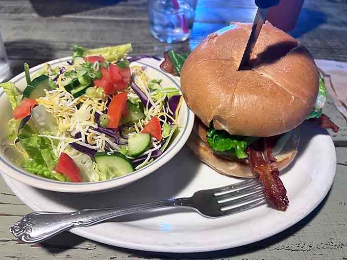 A proper bacon burger with a side salad, because balance is important, even in the middle of the high desert.