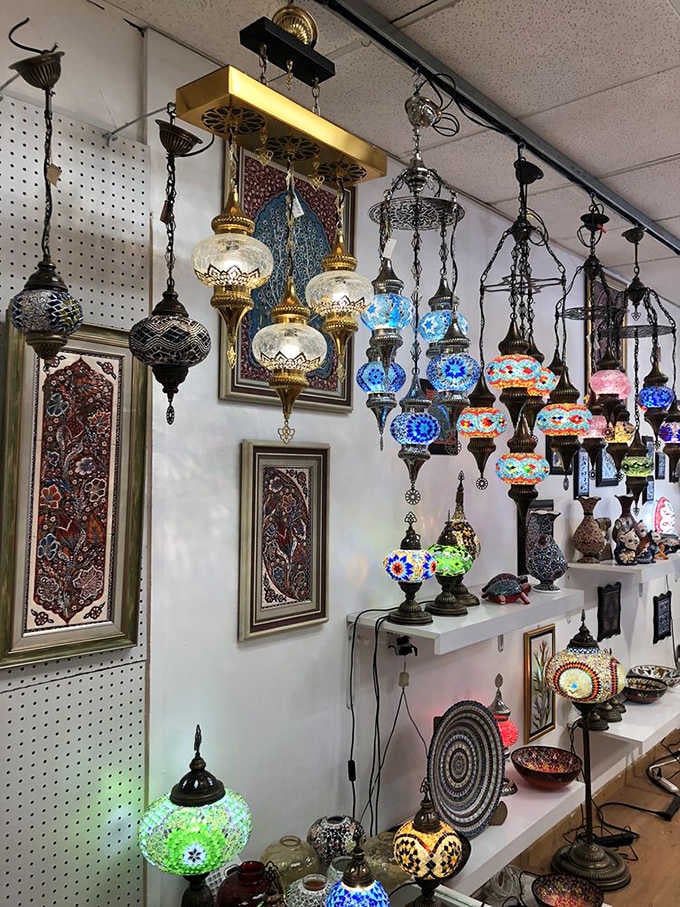 A wall of colorful mosaic lamps straight out of a Istanbul bazaar, glowing like jewels in the California sun.