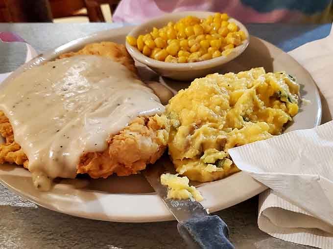 Chicken fried steak with all the fixings, proving Texas knows how to make comfort food that actually comforts.