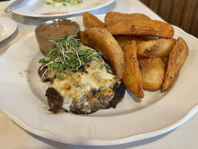 That steak with golden Jo Jo's on the side is the kind of plate that makes you forget what day it is.