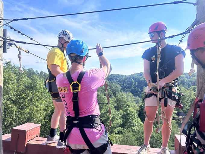 Knowledgeable guides make sure every harness is snug before anyone goes soaring over the forest canopy.