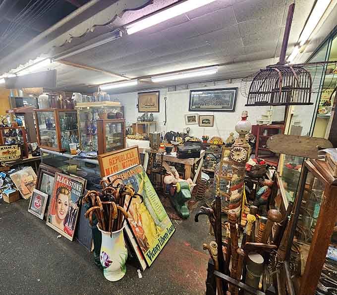 Old political posters, walking canes, and birdcages share one booth, which somehow makes perfect sense here.