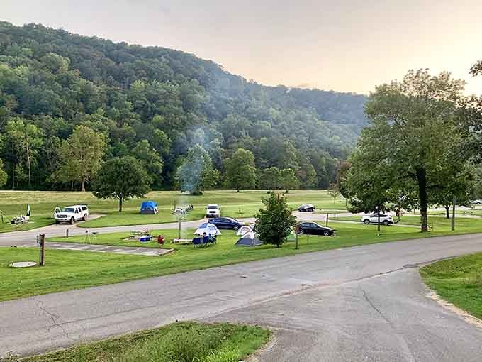Tents, trees, and a sky turning gold. The Roaring River campground makes roughing it feel suspiciously comfortable.