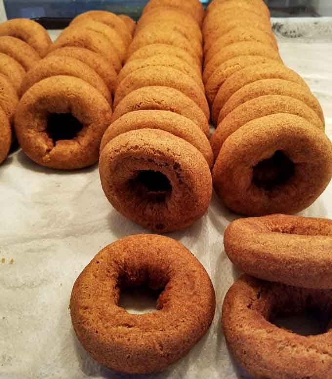 Row after row of warm cider donuts, each one golden, fragrant, and quietly judging you for thinking one would be enough.
