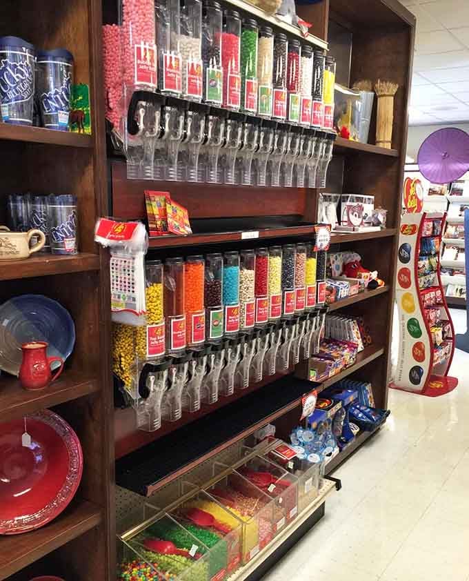 Row after row of Jelly Belly dispensers stand at attention like a delicious, sugary army ready for inspection.