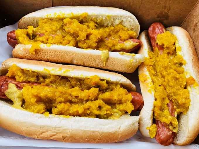 Three Rippers in a box, loaded with that famous mustard relish, is basically a New Jersey still life painting.