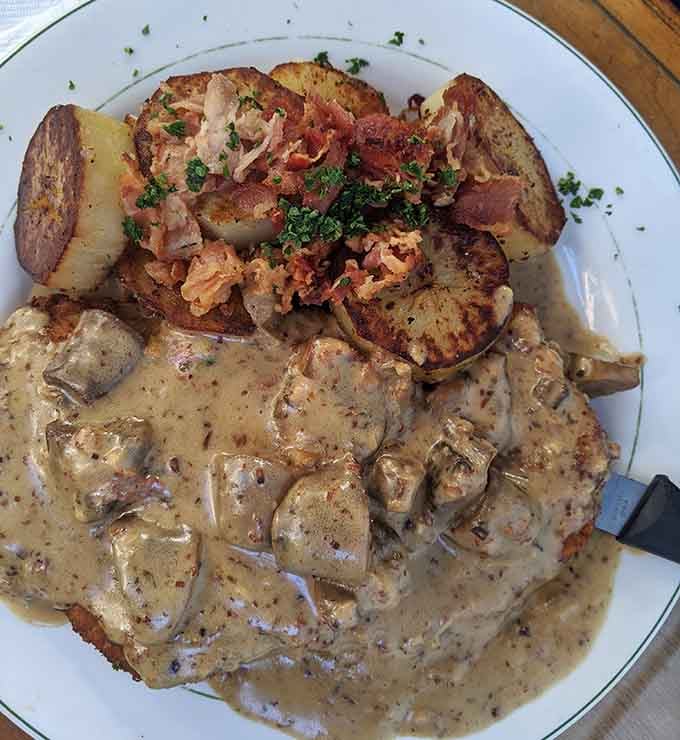 That mushroom gravy is so rich and velvety, it deserves its own zip code in Brooklyn.
