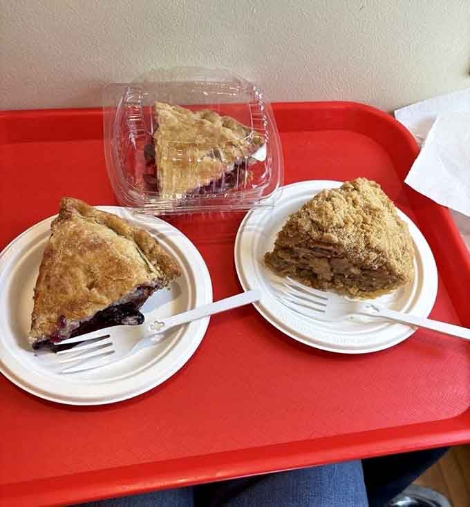 Three slices of heaven on a red tray, because sometimes one pie flavor just isn't enough.