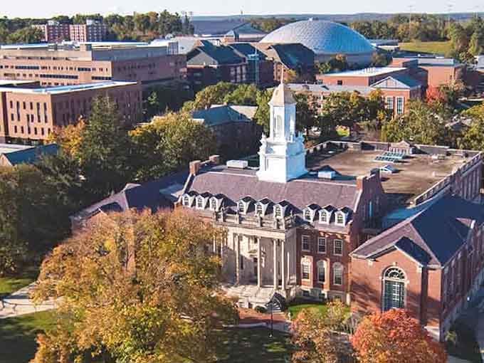 From above, the UConn campus looks like someone designed a perfect college town and then actually built it.