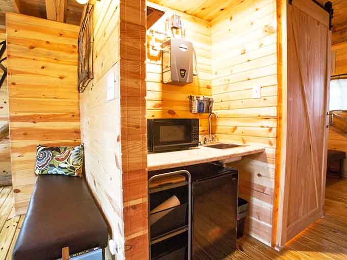 A microwave, a sink, and a mini fridge. The treehouse wants you fed and comfortable.