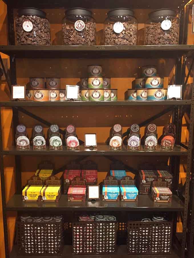 Floor-to-ceiling shelves packed with stone ground chocolate in every form imaginable, this is what happiness looks like.
