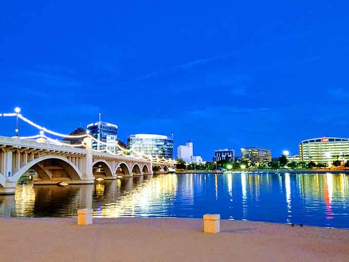 The Mill Avenue Bridge at night looks like someone strung the whole city up in fairy lights, just for you.