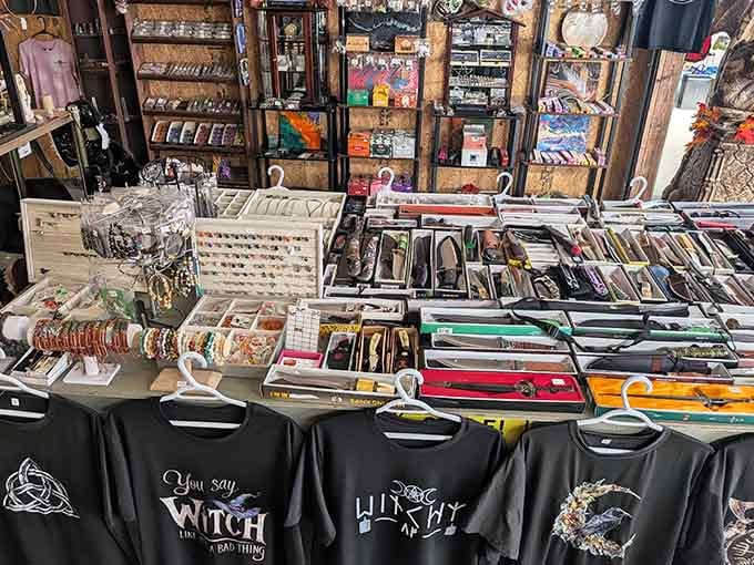 Jewelry, knives, and witchy tees sharing one table proves The Barnyard Flea Markets never met a category it didn't welcome with open arms.