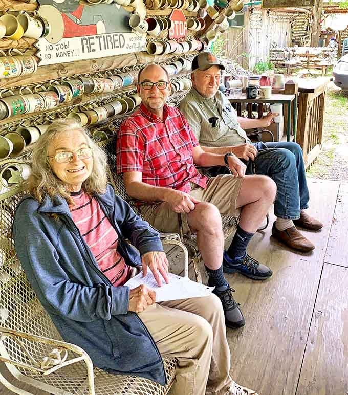 Good company, great mugs overhead, and a bench that says "stay awhile." Not a bad afternoon.