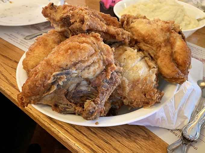 Golden, crispy, and piled high. This fried chicken didn't come to play, it came to win.