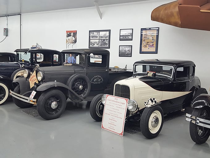 Hot rods and classics share space, each telling its own story of American automotive passion and innovation.