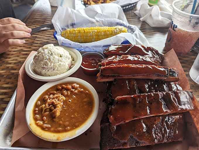 Glossy, lacquered ribs with baked beans, potato salad, and corn on the cob. This tray is basically a love letter.