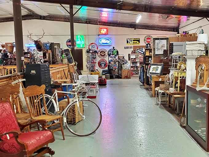 Neon signs and vintage bicycles create the kind of eclectic mix that makes browsing an adventure.