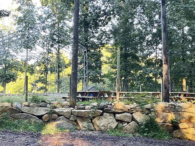 Stone walls and Adirondack chairs surround the grounds, because even adventurers need a moment to breathe.