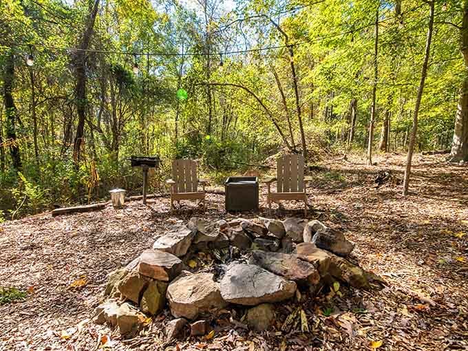 Two Adirondack chairs, a stone fire pit, and a Georgia forest canopy overhead, this is retirement planning done right.