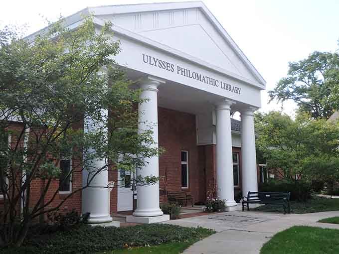 Grand white columns and a name that sounds like a spell from Harry Potter, the Ulysses Philomathic Library means serious business about books.