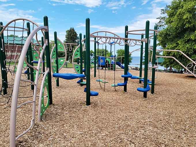 The playground by the bay where kids burn energy while parents contemplate the meaning of relaxation.