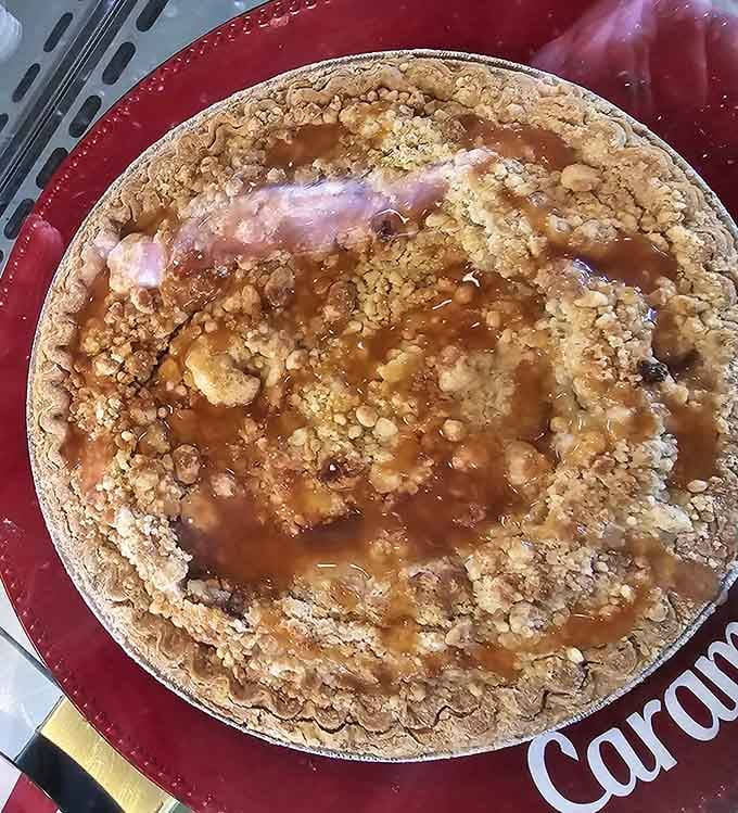 That crumble topping on the caramel apple pie is the kind of thing that makes you forget what day it is.