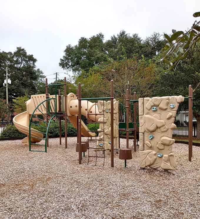 A climbing wall, a spiral slide, and enough gravel underfoot to keep grandkids happily occupied all afternoon.