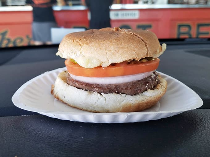 Fresh tomato, onion, and a solid beef patty on a paper plate, this burger means business without the fuss.