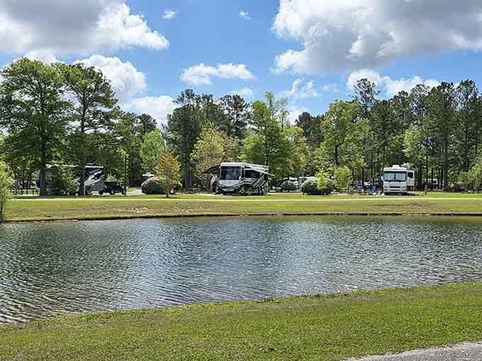 RVs parked lakeside with tall pines as a backdrop, this is what living well actually looks like.