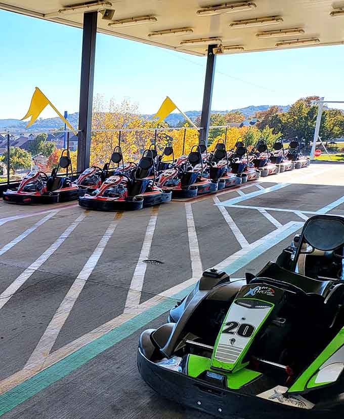 A full lineup of karts sitting ready, with the Ozark hills watching from a distance. Not a bad office view.