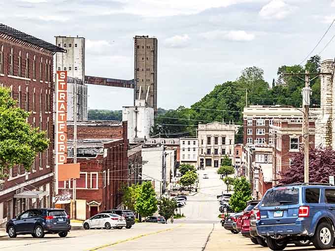 Alton's hillside streetscape rises dramatically, with the bold Stratford sign anchoring a downtown that's got genuine old-school backbone.