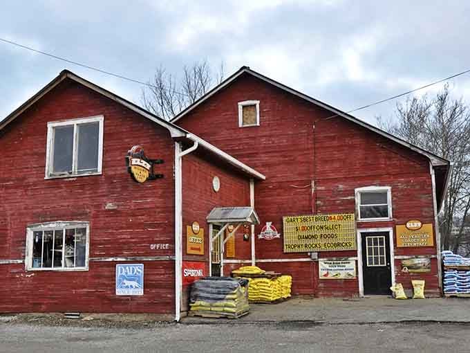 This weathered red barn in Bellville means business, and the hand-painted signs out front are basically a love letter to rural Ohio.