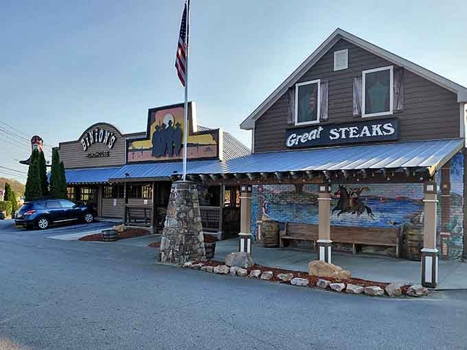 Murals, a flagpole, and a "Great Steaks" sign so confident it doesn't need an exclamation point to make its point.