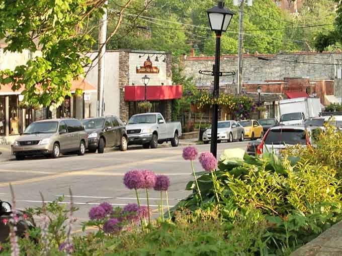 Purple blooms frame a main street where people still wave to each other from their cars, imagine that.