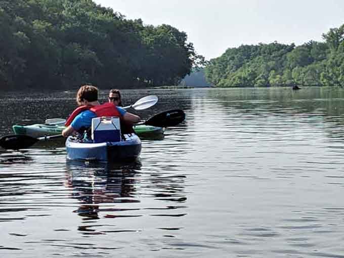 Morning mist rises as kayakers explore glassy waters, creating a scene worthy of any nature documentary.