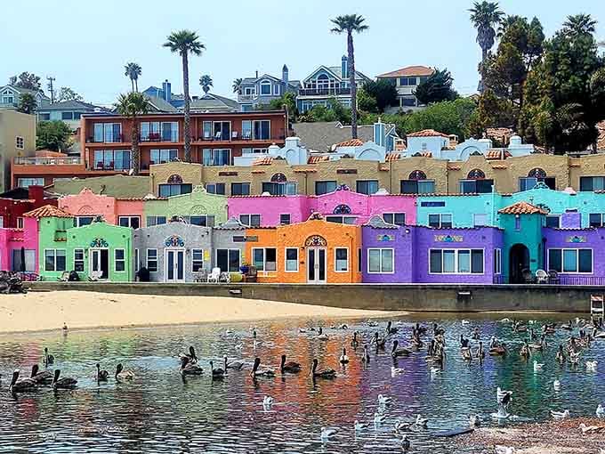 Capitola's Venetian Court explodes in pink, purple, and turquoise, while pelicans float by completely unbothered by the spectacle.