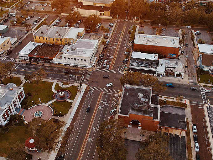 From above, Dade City's grid reveals a classic small-town layout where every street leads to friendly faces and local shops.