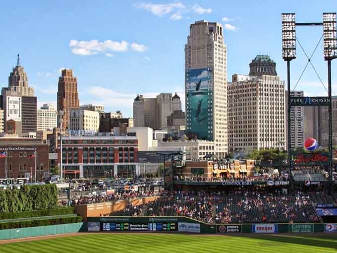 Comerica Park gleams against Detroit's bold skyline, proof that this city plays hard and eats even harder.