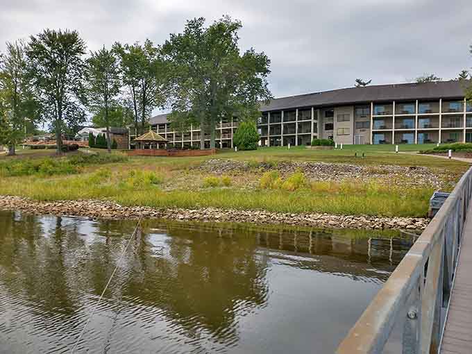 Seen from the water, Fourwinds Lakeside Inn looks like it quietly relocated from Cape Cod and never told anyone.