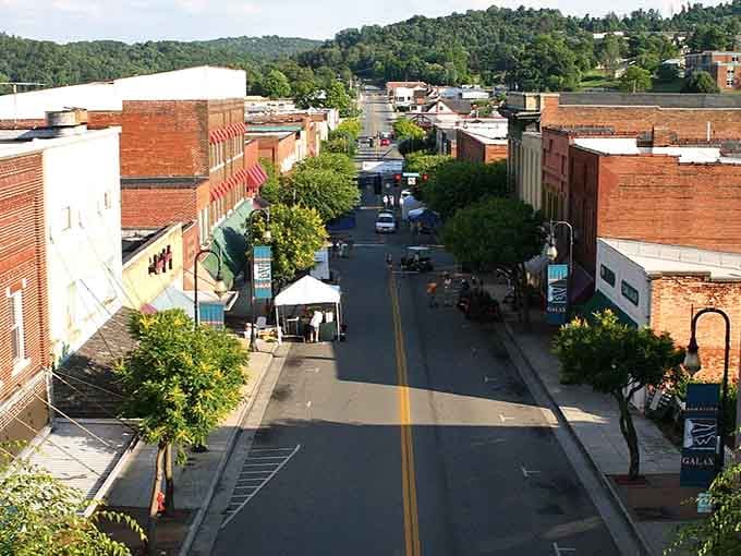 From up high, Galax's brick-lined main street buzzes with festival energy and pure mountain-town magic.