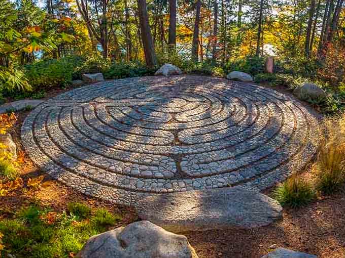 This stone labyrinth invites you to walk slowly and contemplate life, or just enjoy the peaceful forest setting.