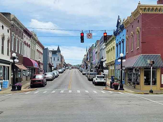 Harrodsburg's main street stretches out like a postcard you didn't know you needed, colorful storefronts reaching all the way to the horizon.
