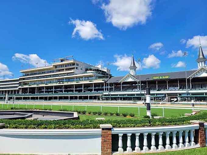 Those iconic twin spires stand tall against blue skies, reminding you why this track is racing royalty.