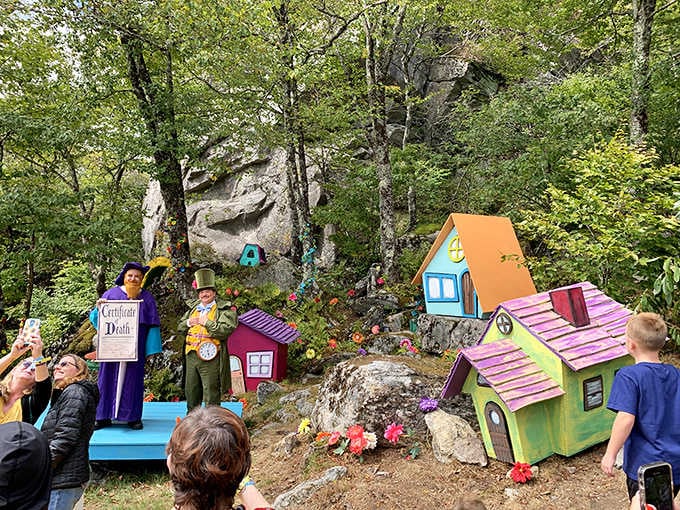Costumed characters and tilting colorful cottages bring the magic of Oz to life against Beech Mountain's ancient rocky backdrop.