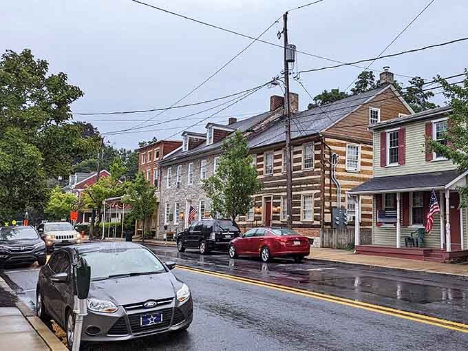 Even on a rainy day, Lititz's log and stone streetscape feels like a warm, welcoming handshake.