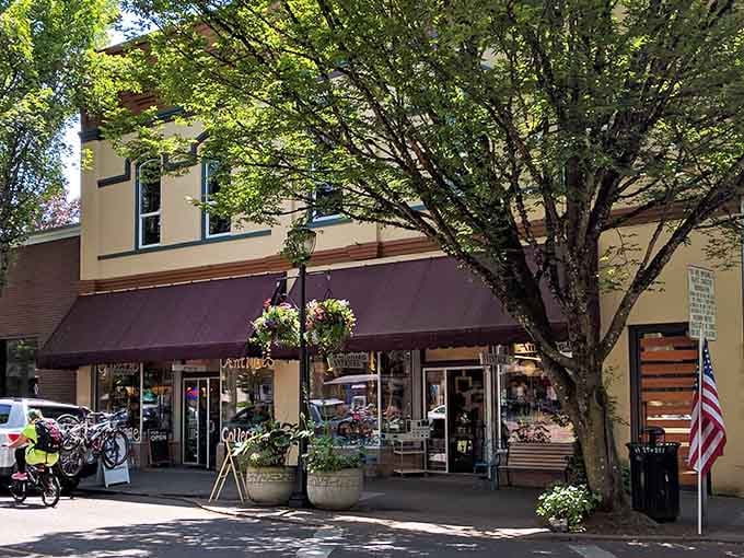 McMinnville's burgundy awnings and hanging flower baskets make window shopping feel like a warm hug on a sunny afternoon.