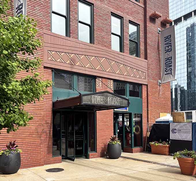 The lattice detailing above the entrance gives River Roast a polished, welcoming character that sets the tone perfectly.