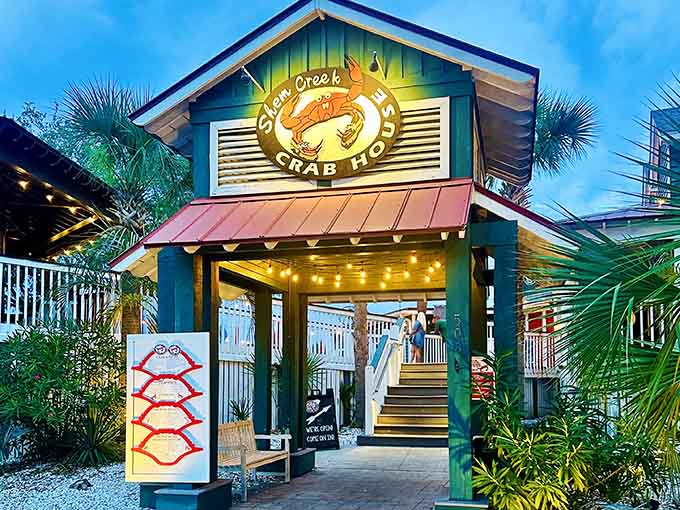 String lights and palm trees at dusk make this crab house entrance feel like the opening scene of a very delicious movie.