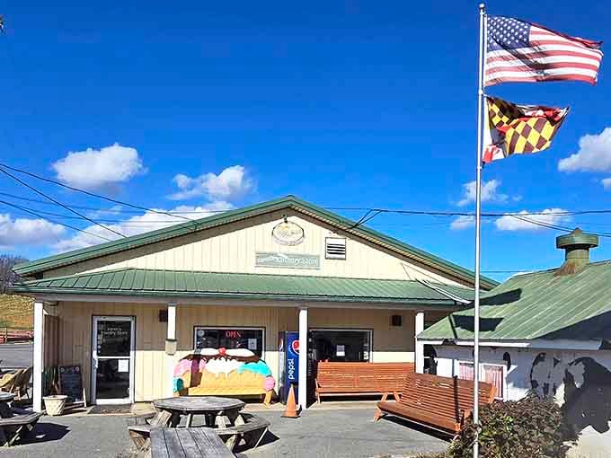 Two proud flags flying high over South Mountain Creamery — nothing says "you made the right turn" quite like that.
